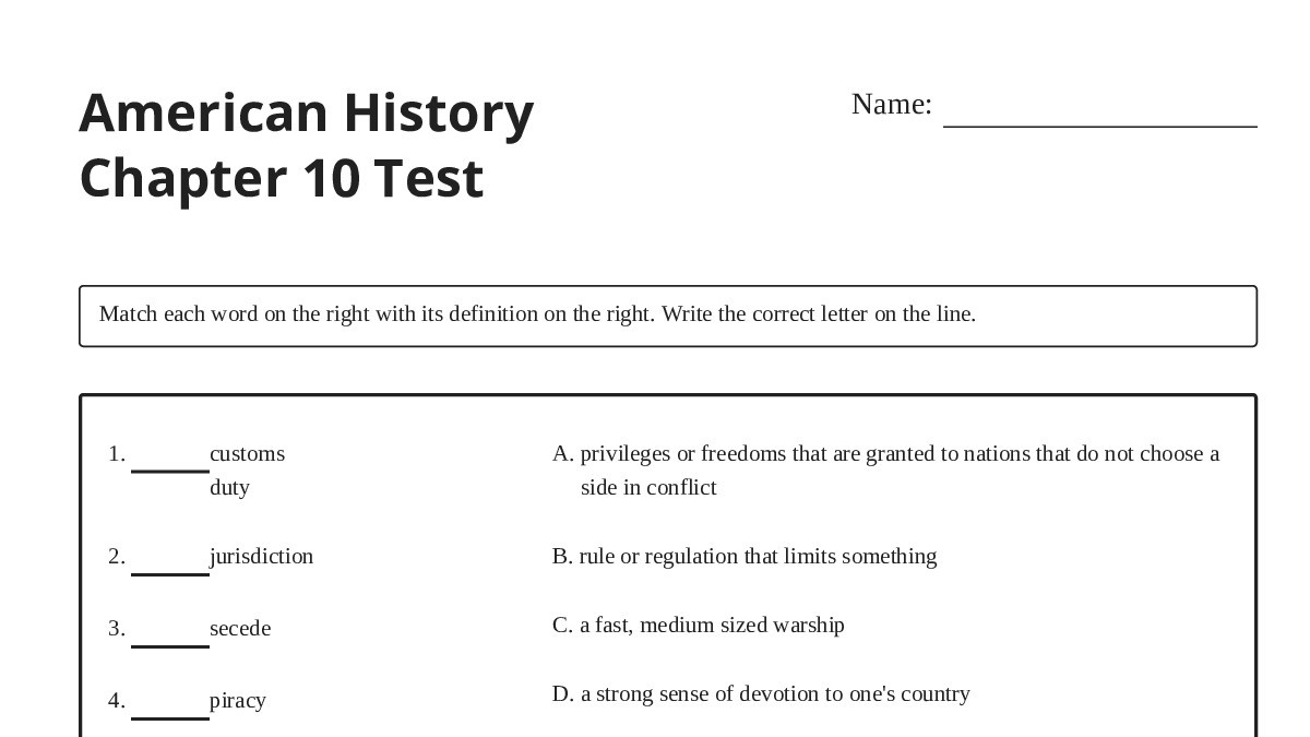 American History Chapter 10 Test - My Worksheet Maker: Create Your Own ...