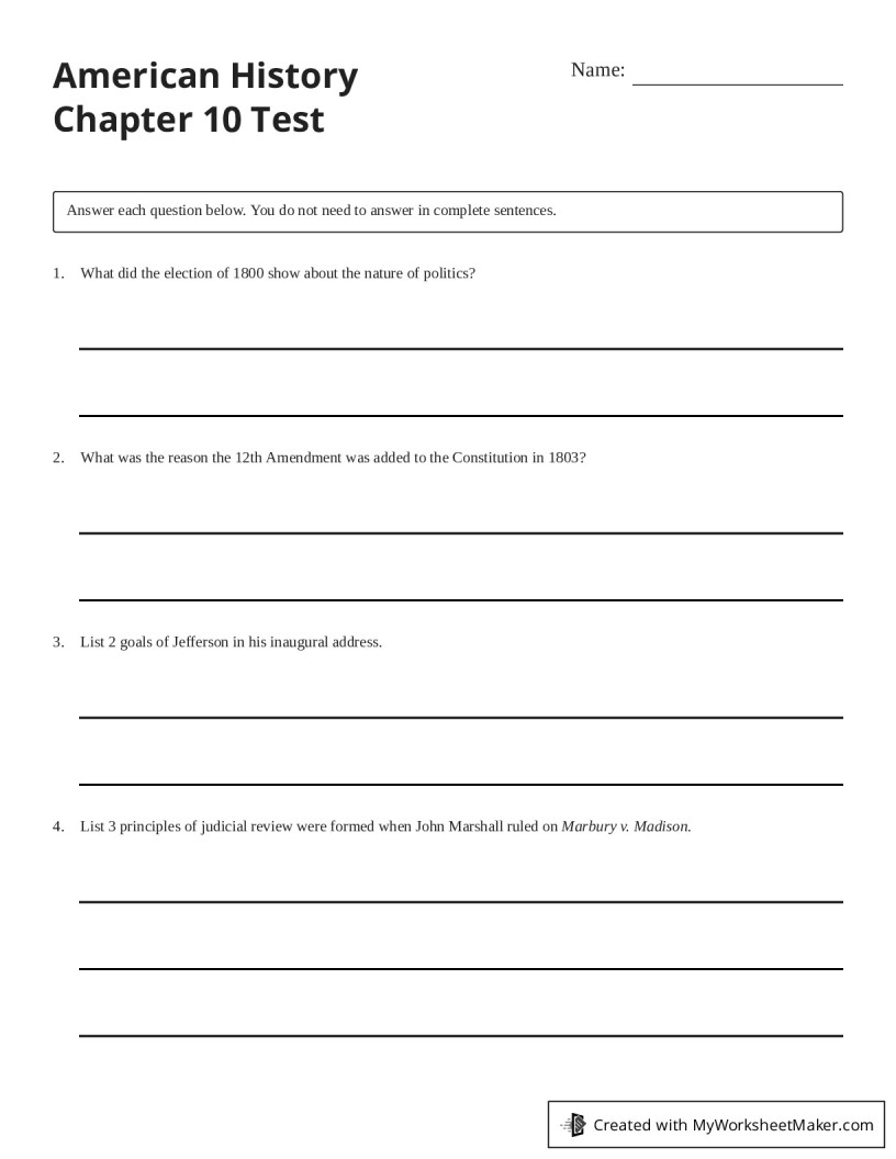 American HistoryChapter 10 Test - My Worksheet Maker: Create Your Own ...