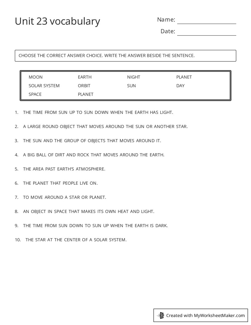 Unit 23 vocabulary - My Worksheet Maker: Create Your Own Worksheets