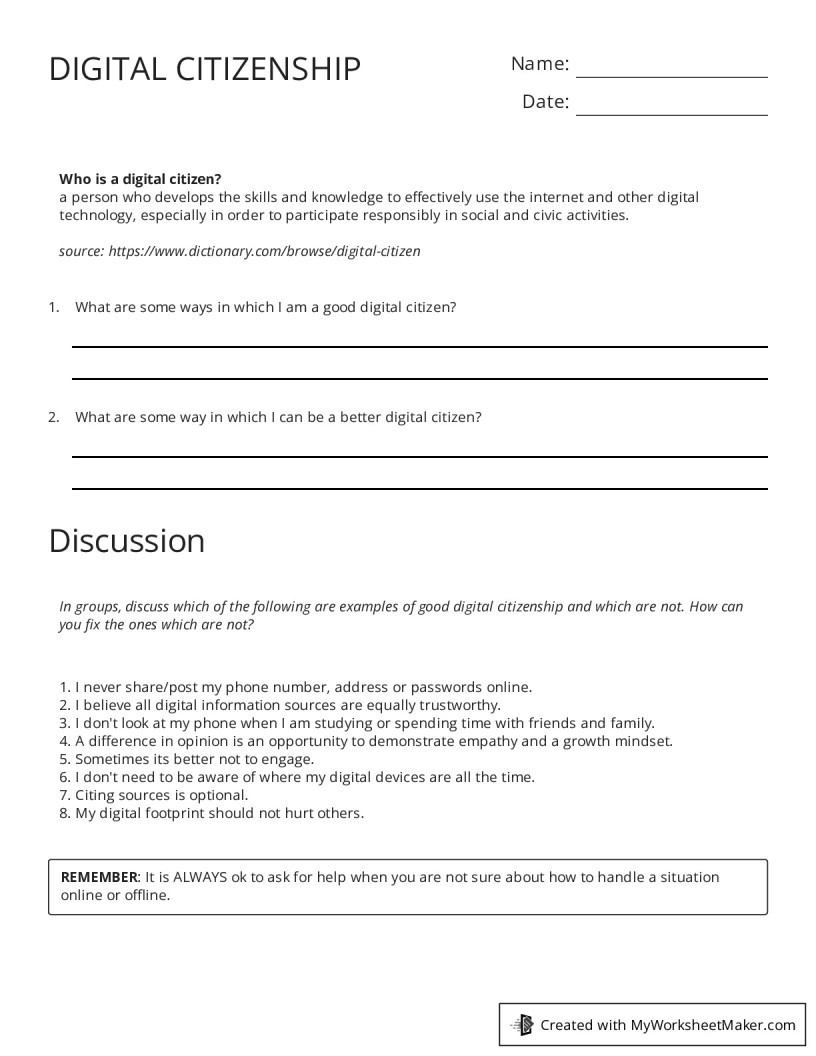 DIGITAL CITIZENSHIP - My Worksheet Maker: Create Your Own Worksheets