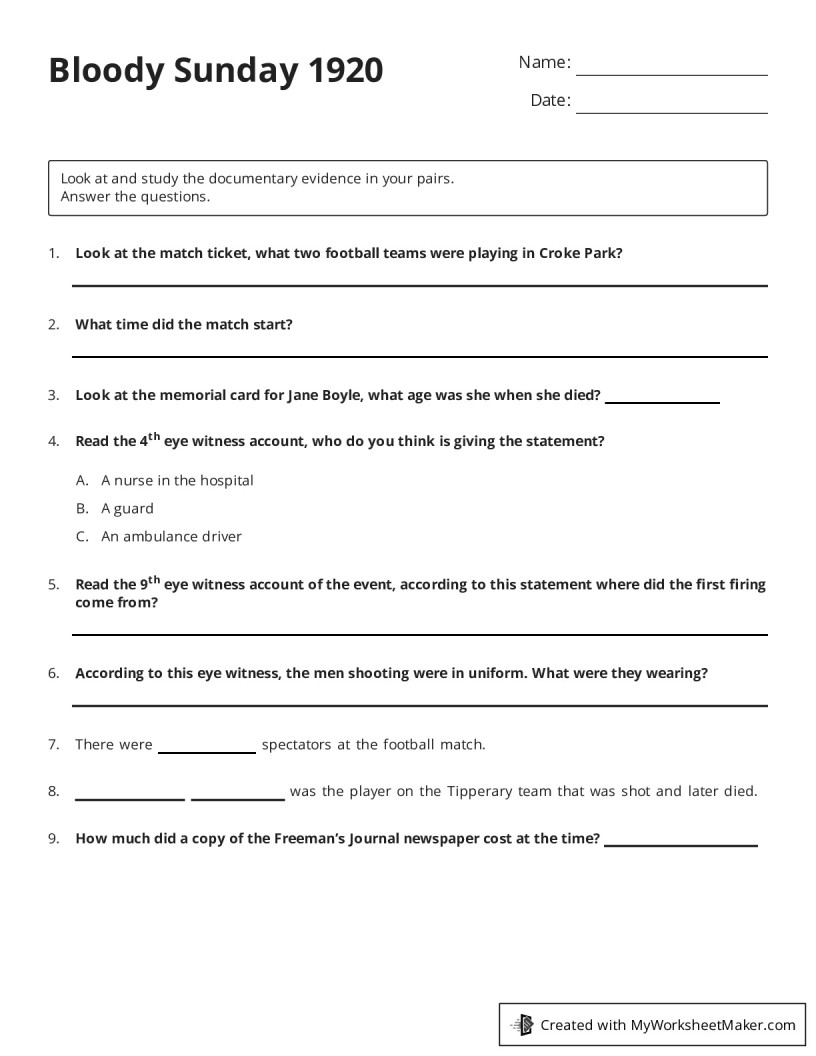 Bloody Sunday 1920 - My Worksheet Maker: Create Your Own Worksheets