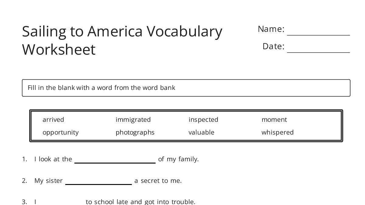 Sailing to America Vocabulary Worksheet - My Worksheet Maker: Create ...