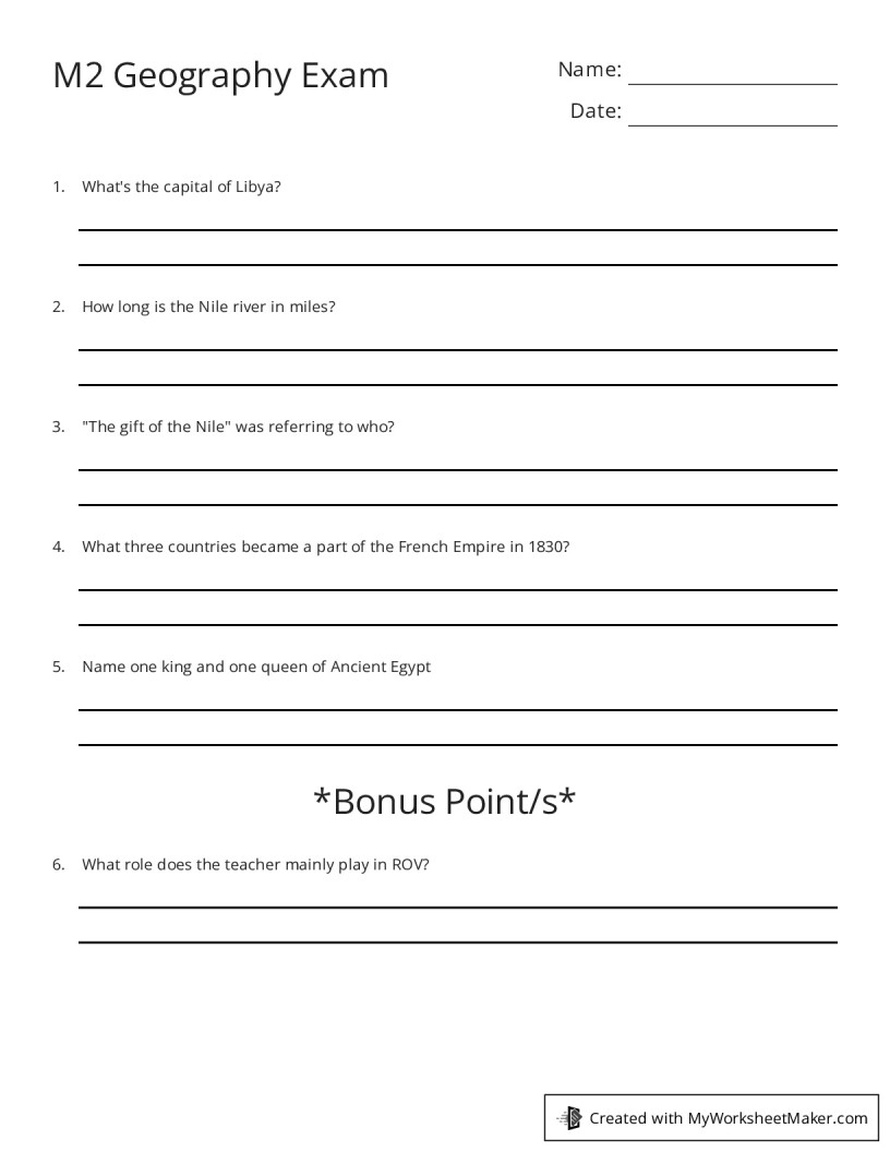 M2 Geography Exam - My Worksheet Maker: Create Your Own Worksheets