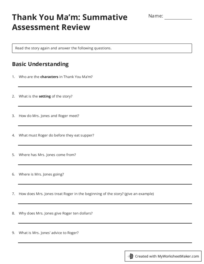 Thank You Ma’m: Summative Assessment Review - My Worksheet Maker ...