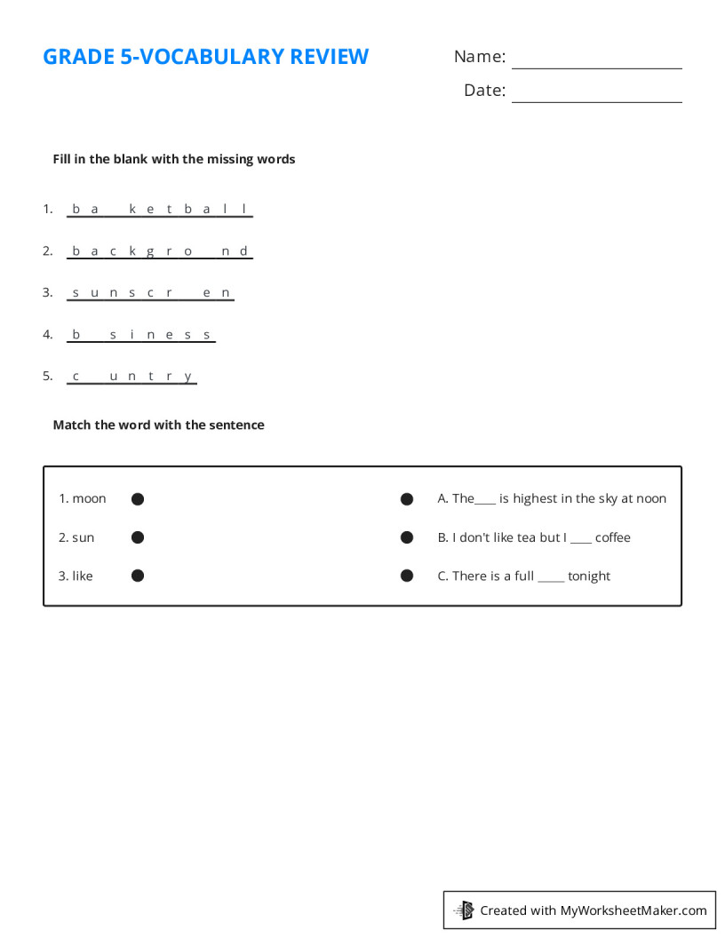 GRADE 5-VOCABULARY REVIEW - My Worksheet Maker: Create Your Own Worksheets