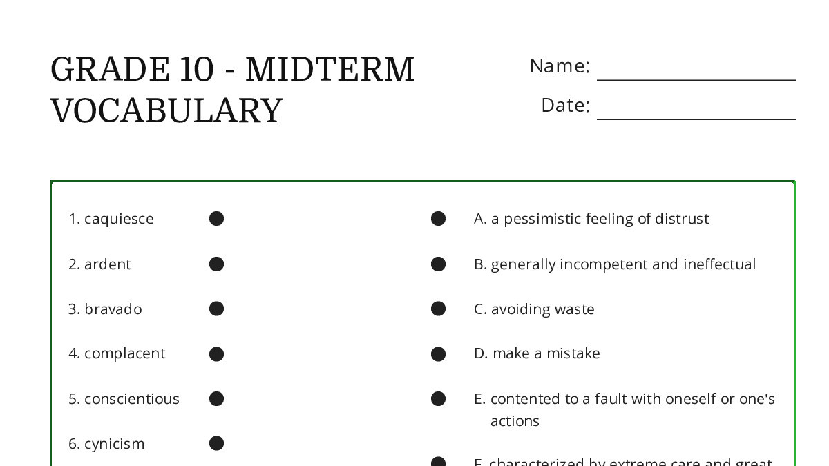 GRADE 10 - MIDTERM VOCABULARY - My Worksheet Maker: Create Your Own ...