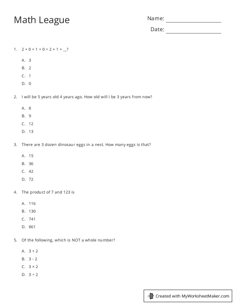 Math League - My Worksheet Maker: Create Your Own Worksheets
