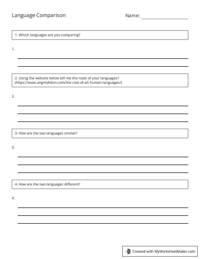 Language Comparison - My Worksheet Maker: Create Your Own Worksheets