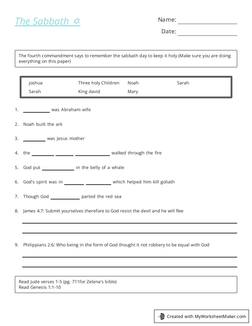The Sabbath - My Worksheet Maker: Create Your Own Worksheets