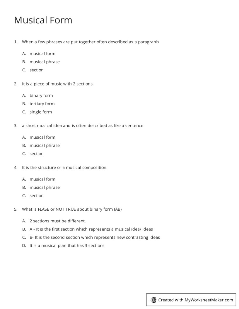 Musical Form - My Worksheet Maker: Create Your Own Worksheets