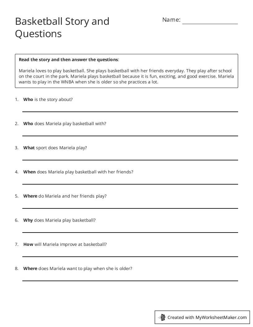 Basketball Story and Questions - My Worksheet Maker: Create Your Own ...