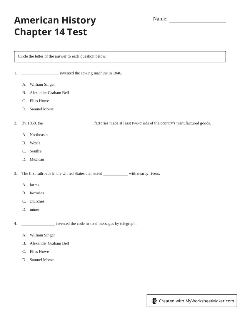 American HistoryChapter 14 Test - My Worksheet Maker: Create Your Own ...