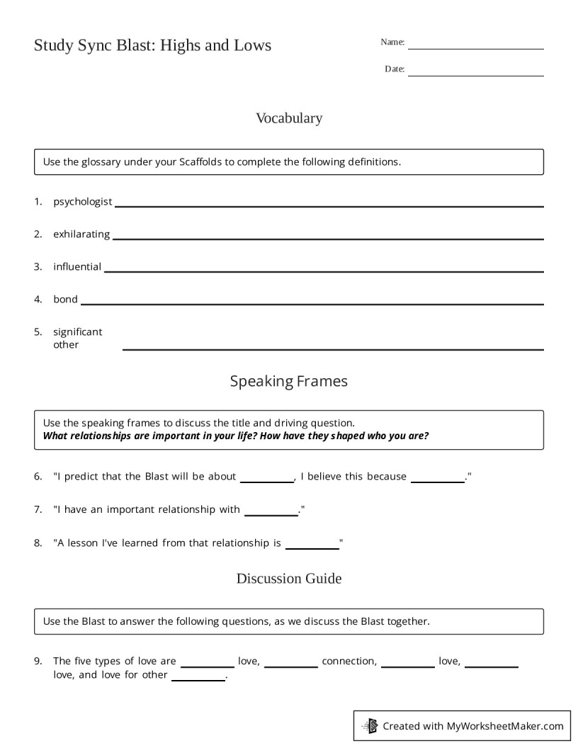 Study Sync Blast: Highs and Lows - My Worksheet Maker: Create Your Own ...