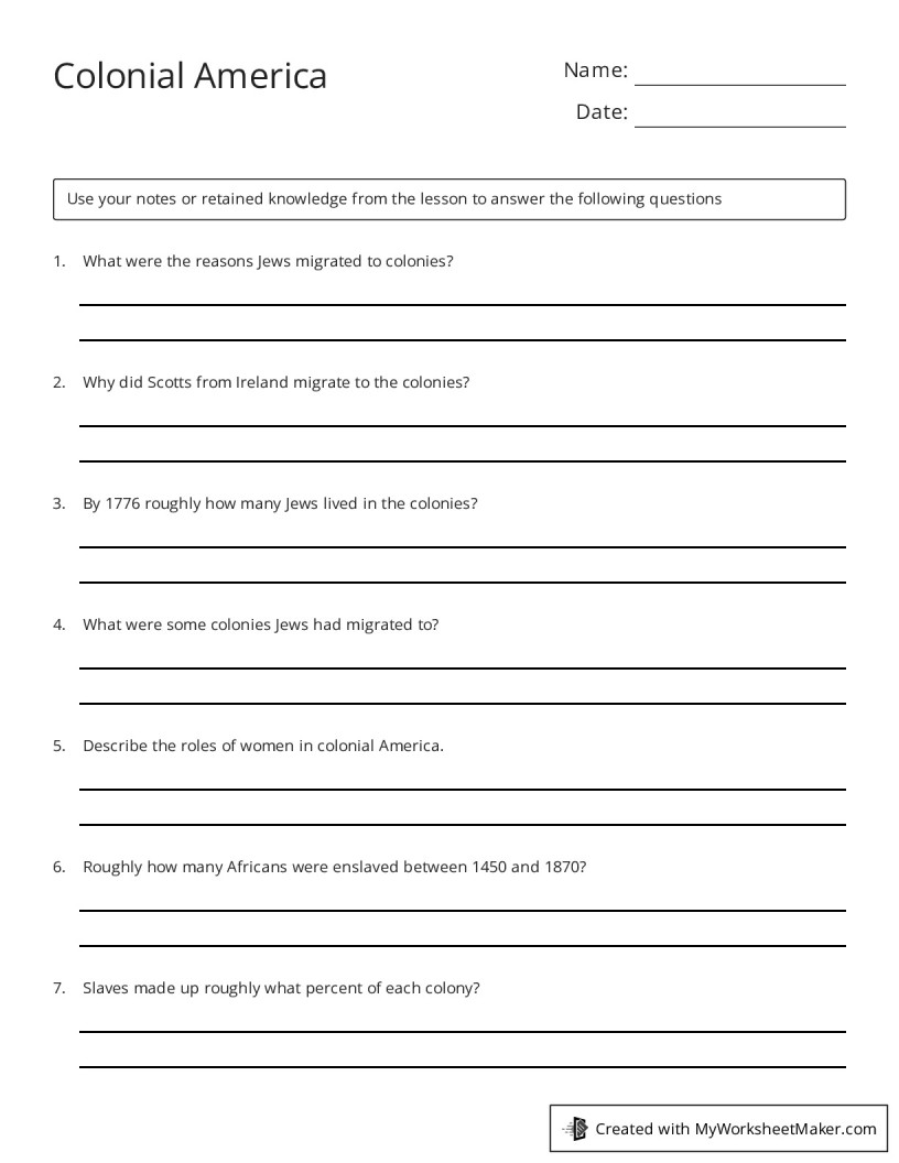 Colonial America - My Worksheet Maker: Create Your Own Worksheets