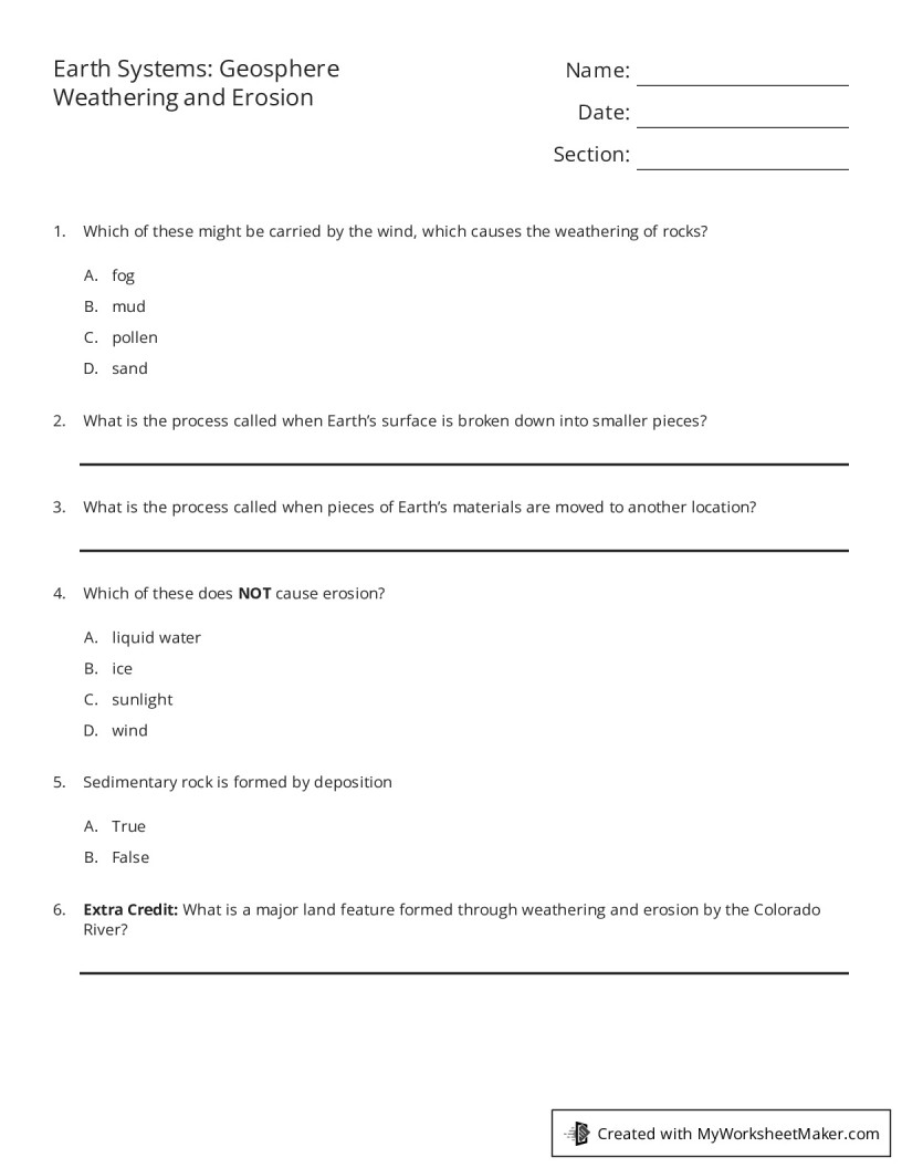 Earth Systems: GeosphereWeathering and Erosion - My Worksheet Maker ...