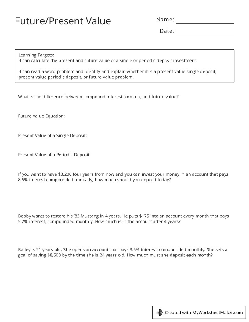Future/Present Value - My Worksheet Maker: Create Your Own Worksheets