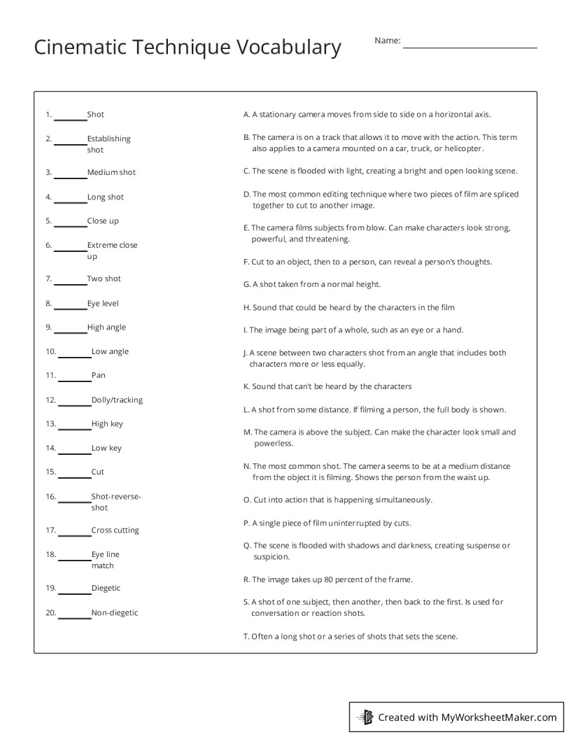 Cinematic Technique Vocabulary - My Worksheet Maker: Create Your Own ...