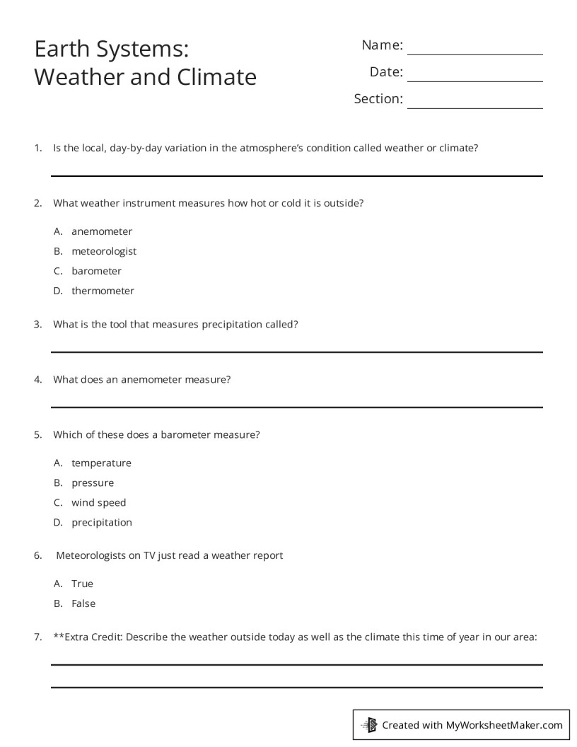 Earth Systems:Weather and Climate - My Worksheet Maker: Create Your Own ...