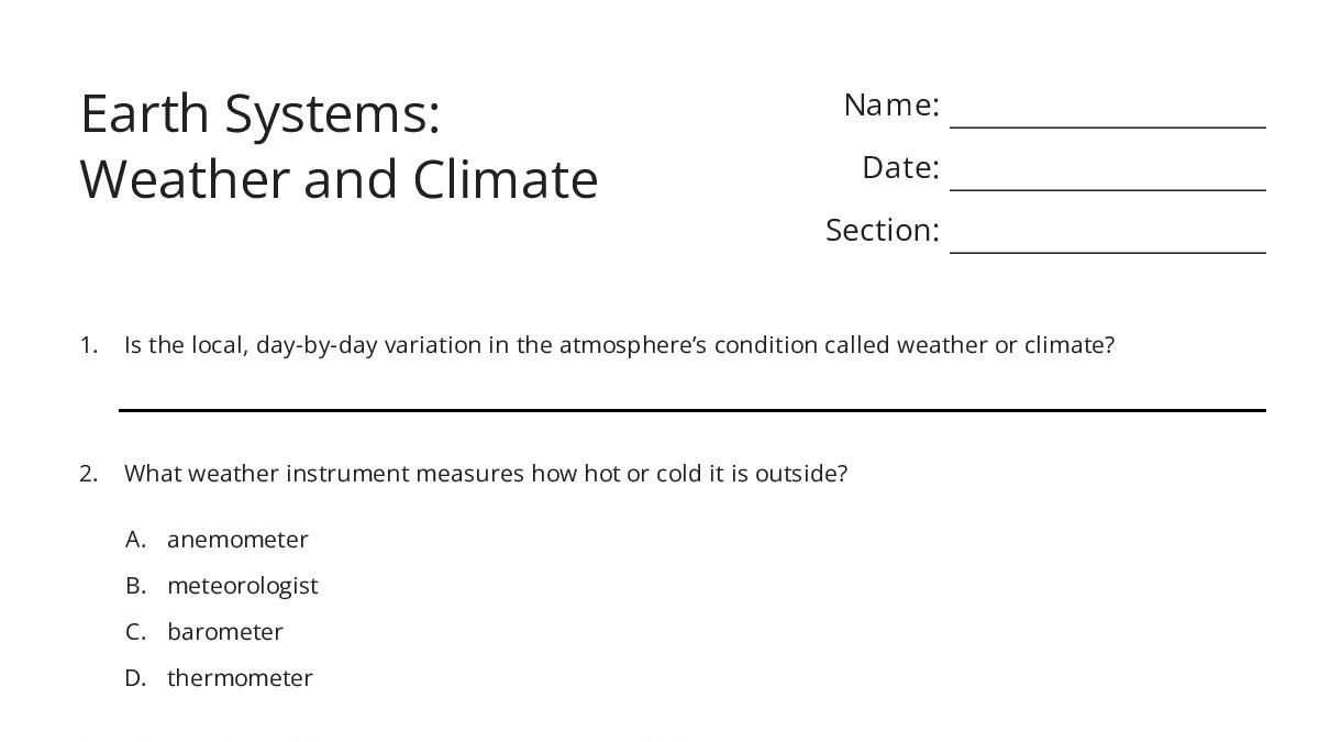 Earth Systems: Weather and Climate - My Worksheet Maker: Create Your ...
