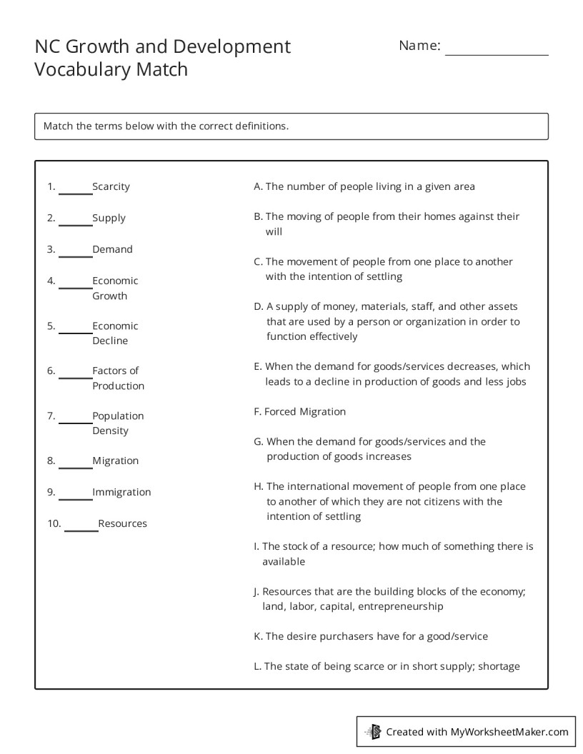 NC Growth and Development Vocabulary Match - My Worksheet Maker: Create ...