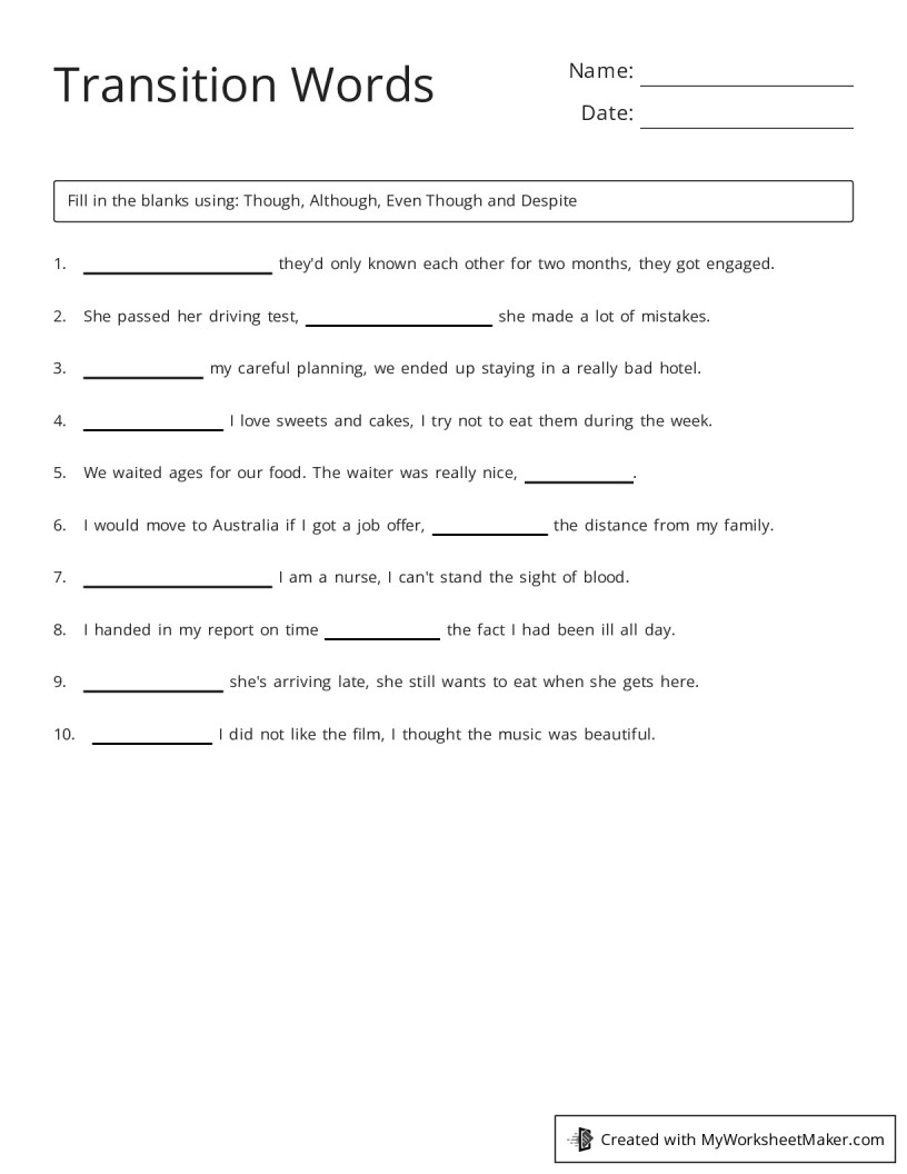 Transition Words - My Worksheet Maker: Create Your Own Worksheets