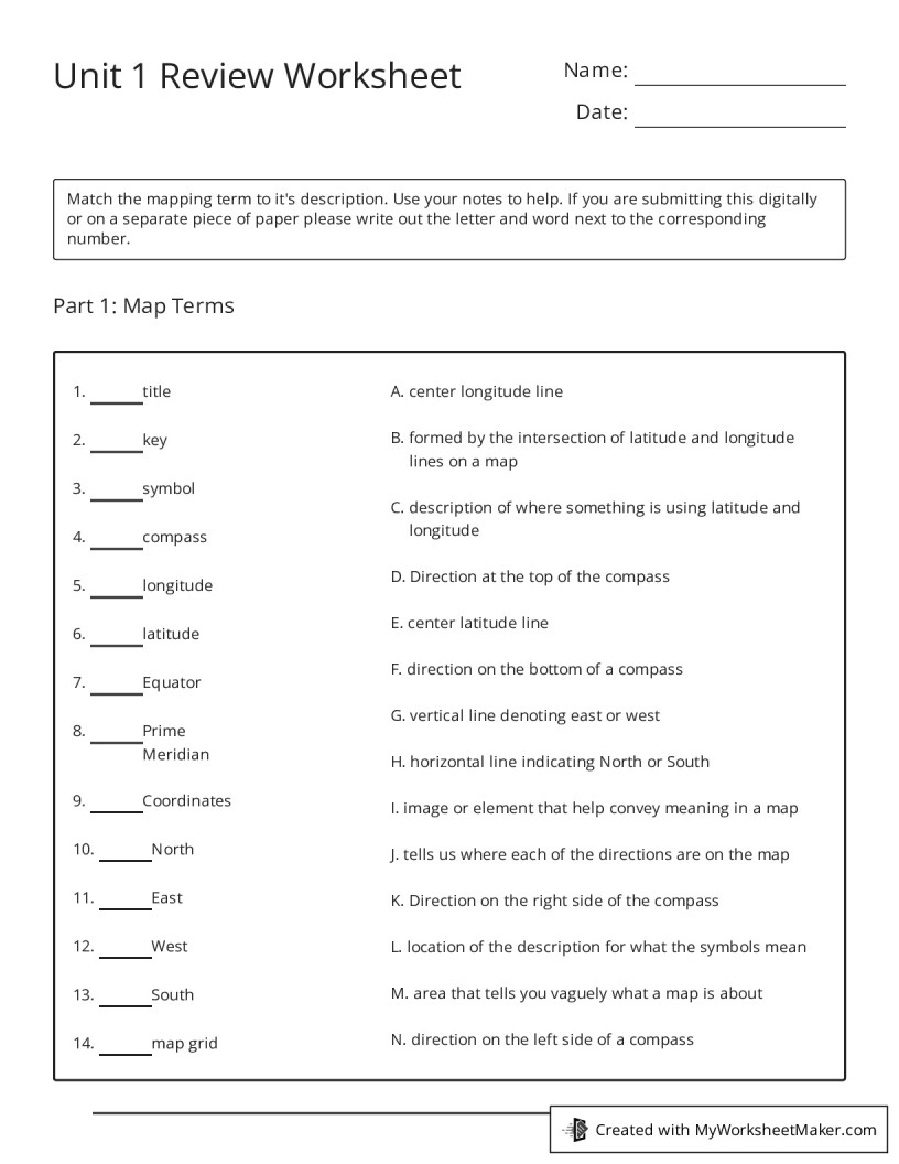 Unit 1 Review Worksheet - My Worksheet Maker: Create Your Own Worksheets