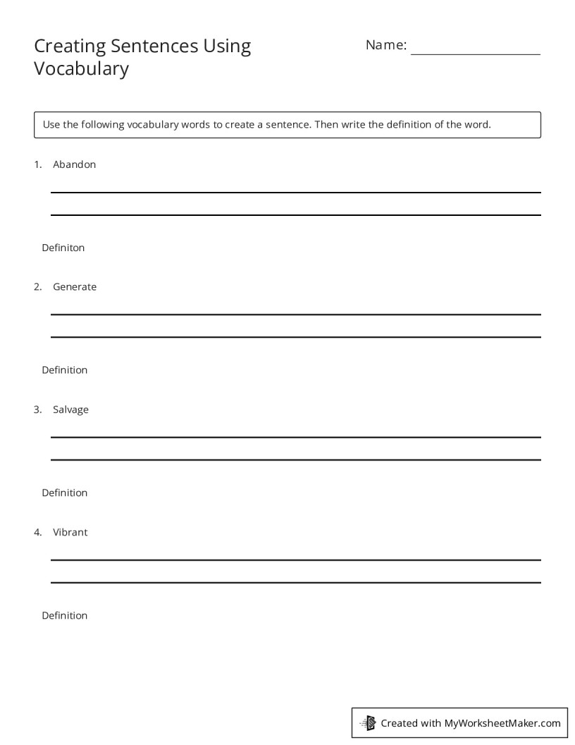 Creating Sentences Using Vocabulary - My Worksheet Maker: Create Your ...
