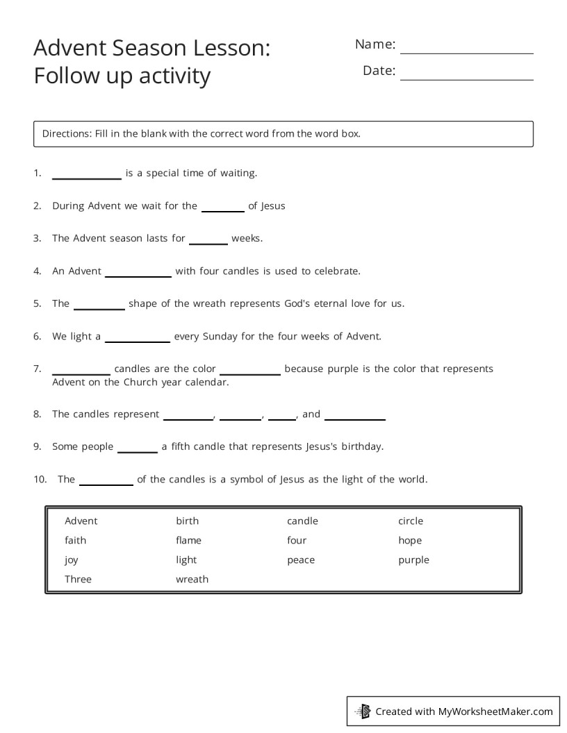 Advent Season Lesson: Follow up activity - My Worksheet Maker: Create ...