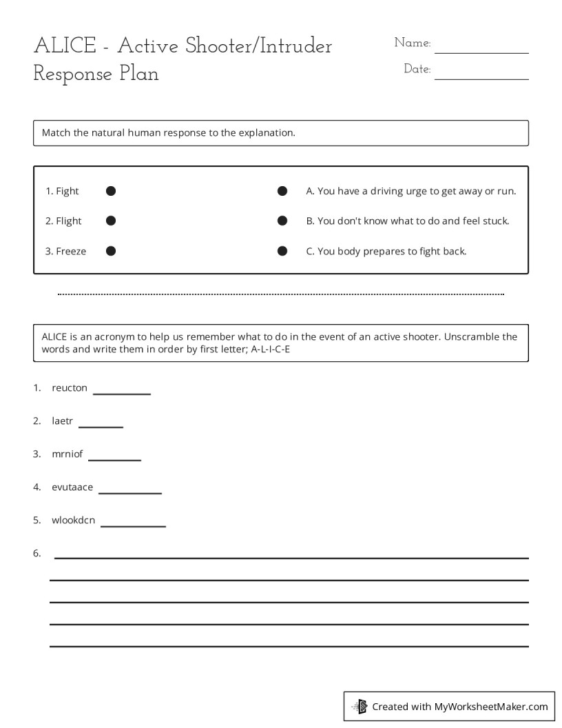 ALICE - Active Shooter/Intruder Response Plan - My Worksheet Maker ...