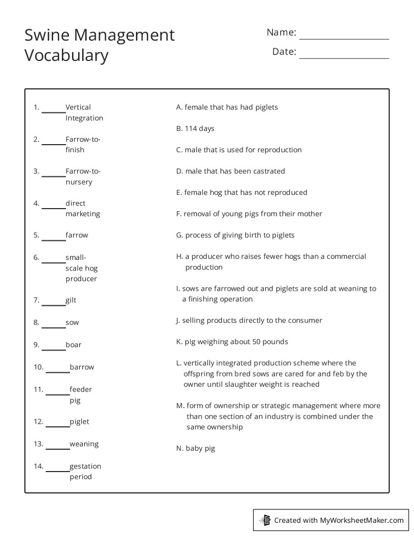 Swine Management Vocabulary - My Worksheet Maker: Create Your Own ...