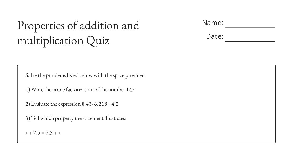 Properties of addition and multiplication Quiz - My Worksheet Maker ...