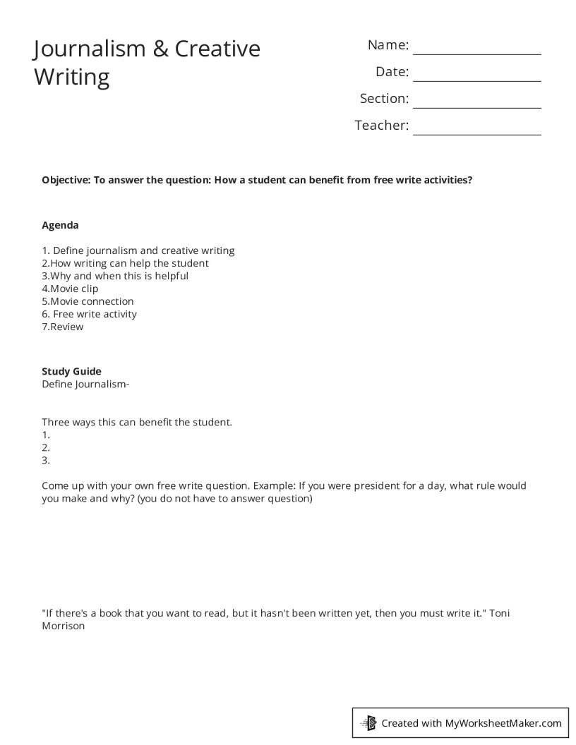 Journalism & Creative Writing - My Worksheet Maker: Create Your Own ...
