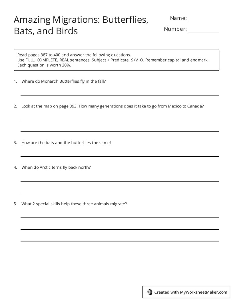 Amazing Migrations: Butterflies, Bats, and Birds - My Worksheet Maker ...