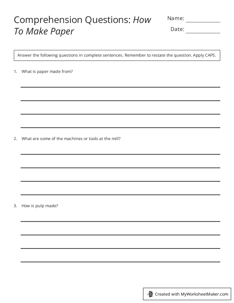 Comprehension Questions: How To Make Paper - My Worksheet Maker: Create ...