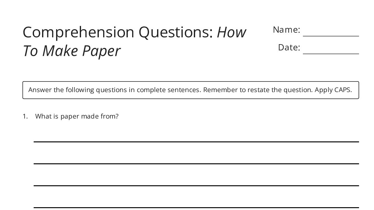 Comprehension Questions: How To Make Paper - My Worksheet Maker: Create ...