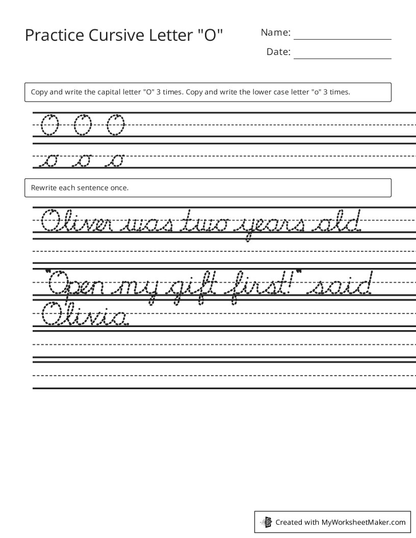 Practice Cursive Letter "O" - My Worksheet Maker: Create Your Own ...
