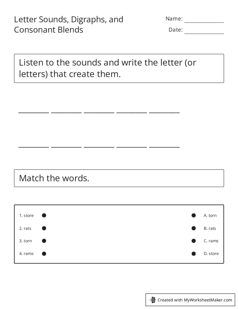 Letter Sounds, Digraphs, and Consonant Blends - My Worksheet Maker ...