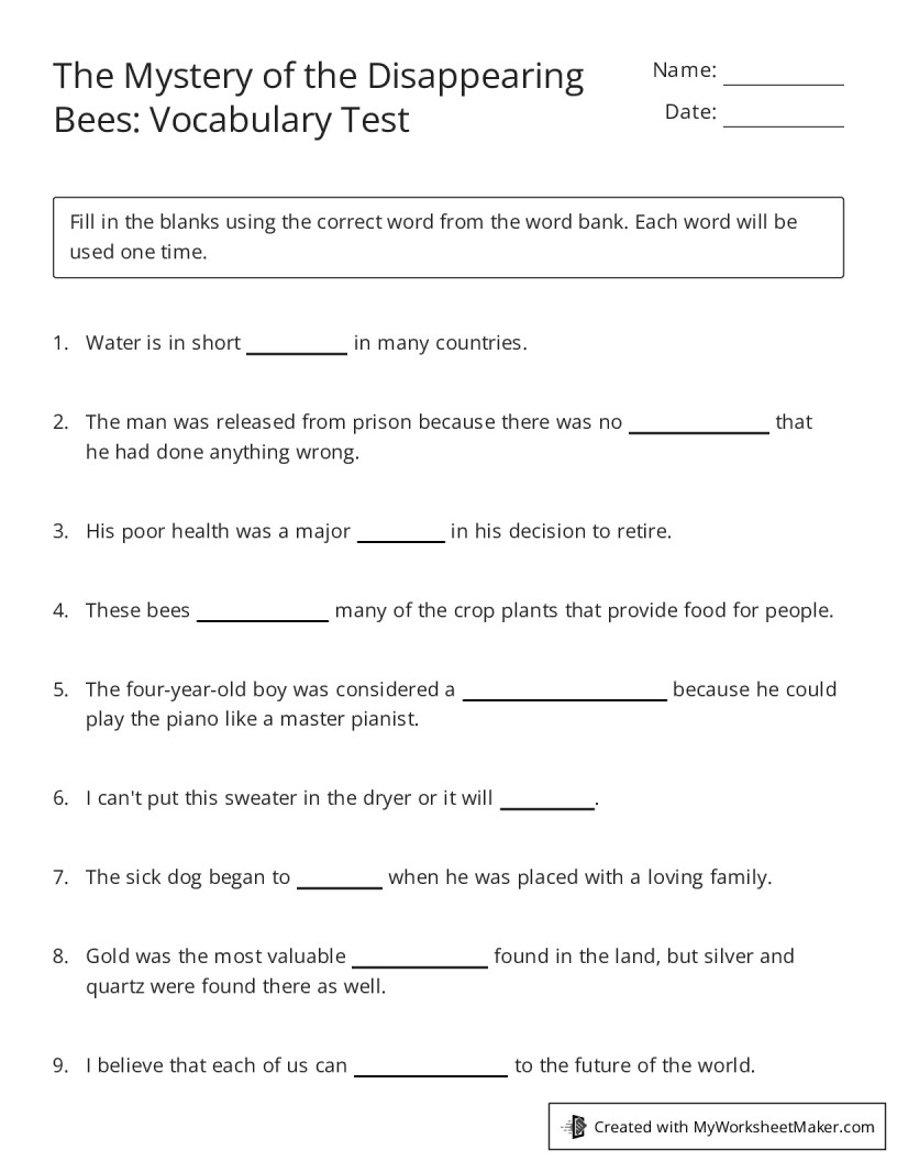 The Mystery of the Disappearing Bees: Vocabulary Test - My Worksheet ...
