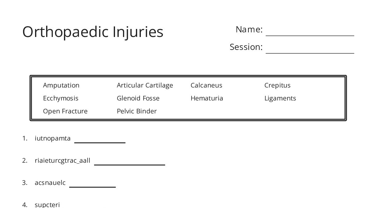 Orthopaedic Injuries - My Worksheet Maker: Create Your Own Worksheets