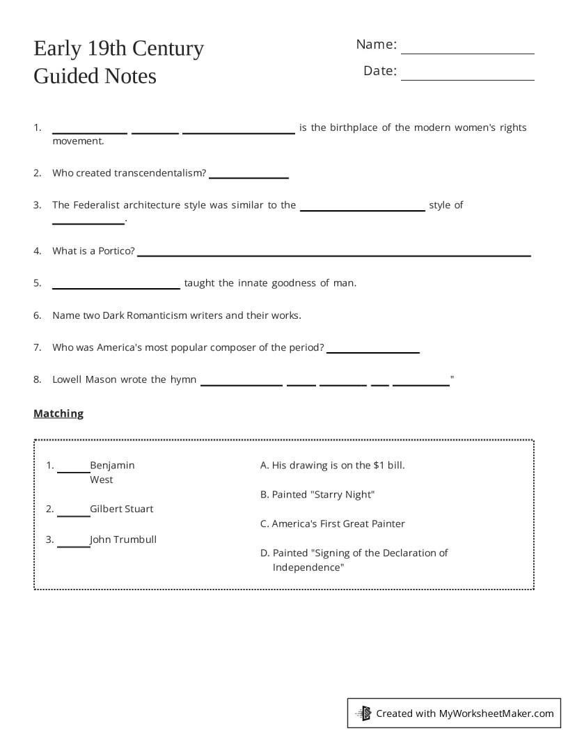 Early 19th Century Guided Notes - My Worksheet Maker: Create Your Own ...
