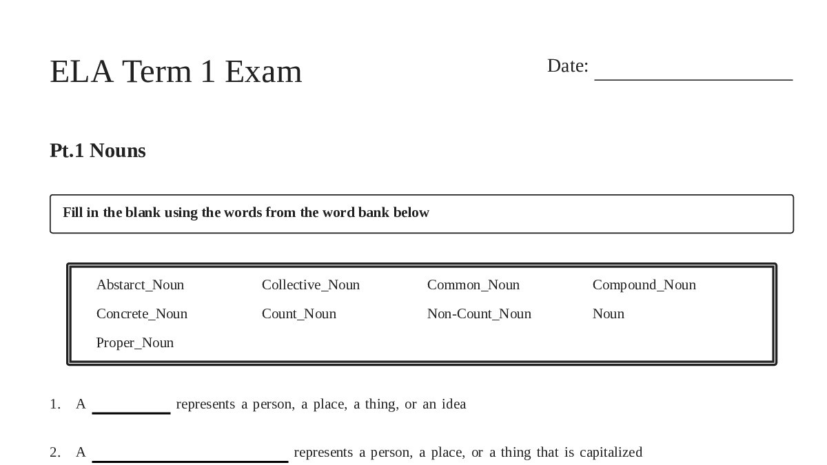 ELA Term 1 Exam - My Worksheet Maker: Create Your Own Worksheets