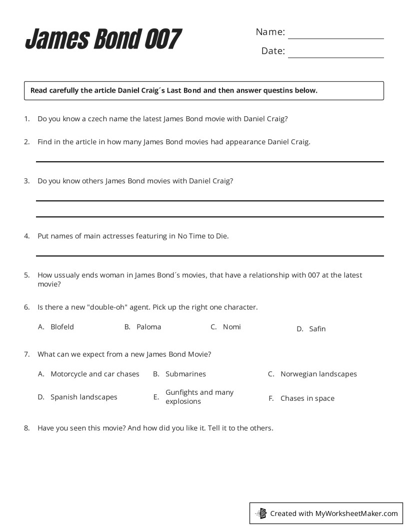 James Bond 007 - My Worksheet Maker: Create Your Own Worksheets