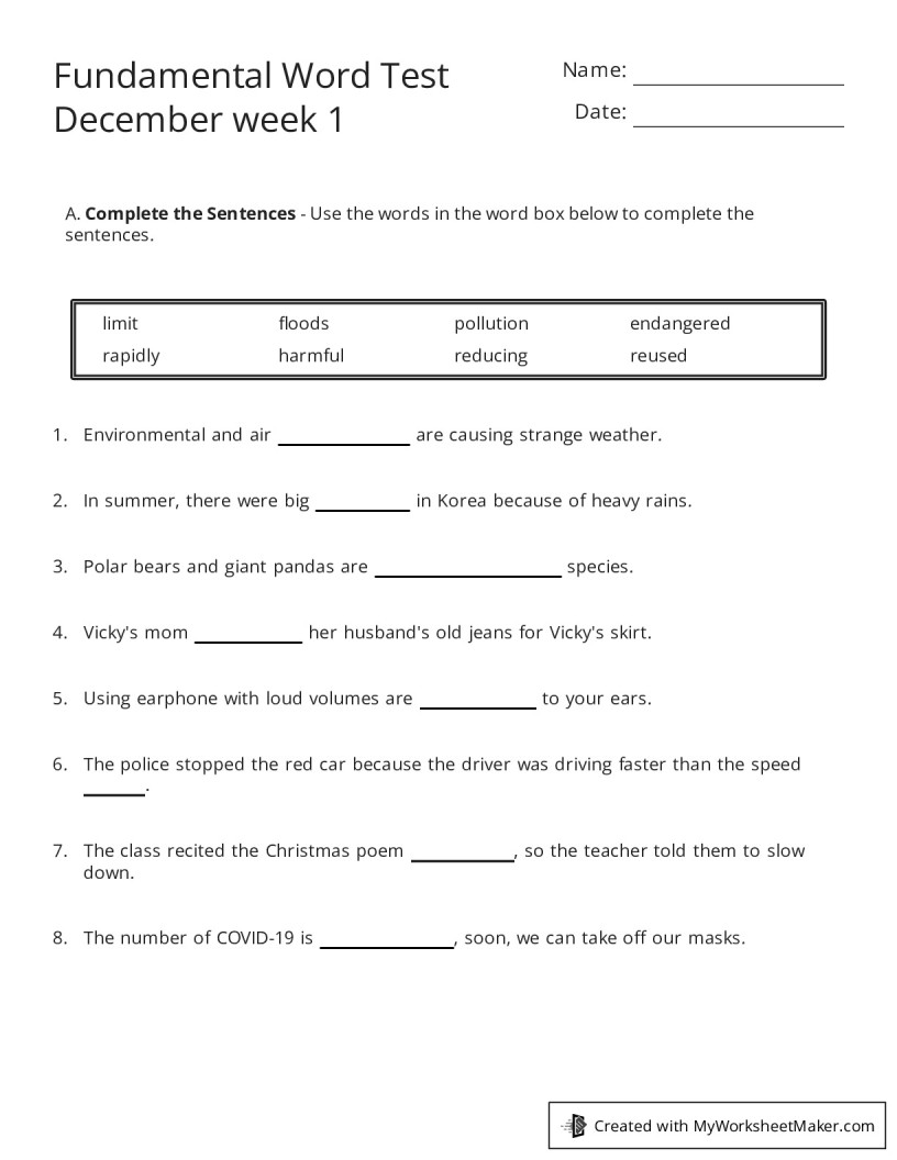 Fundamental Word TestDecember week 1 - My Worksheet Maker: Create Your ...