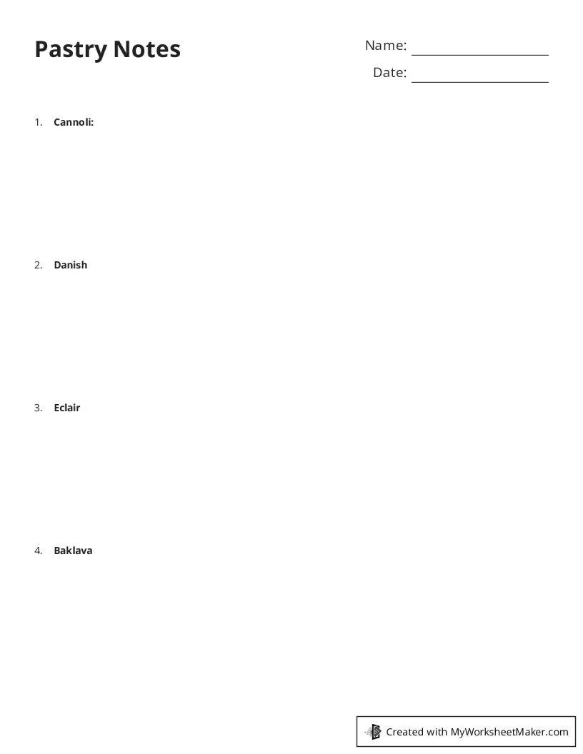 Pastry Notes - My Worksheet Maker: Create Your Own Worksheets