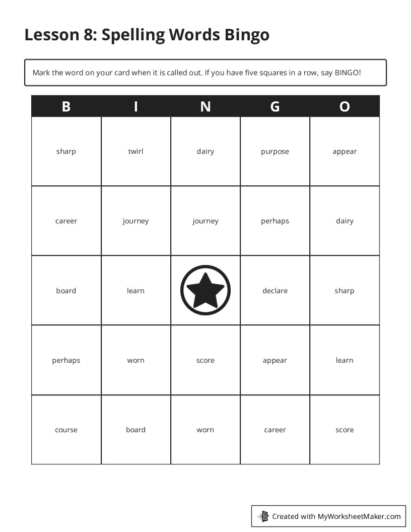 Lesson 8: Spelling Words Bingo - My Bingo Maker: Create Your Own Bingo ...