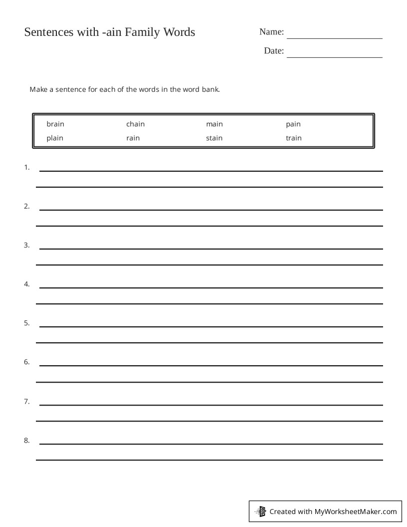 Sentences with -ain Family Words - My Worksheet Maker: Create Your Own ...