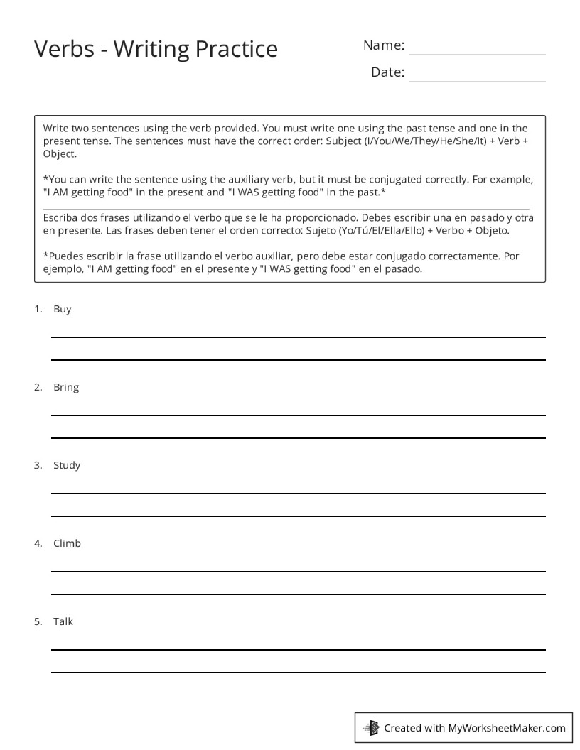 Verbs - Writing Practice - My Worksheet Maker: Create Your Own Worksheets