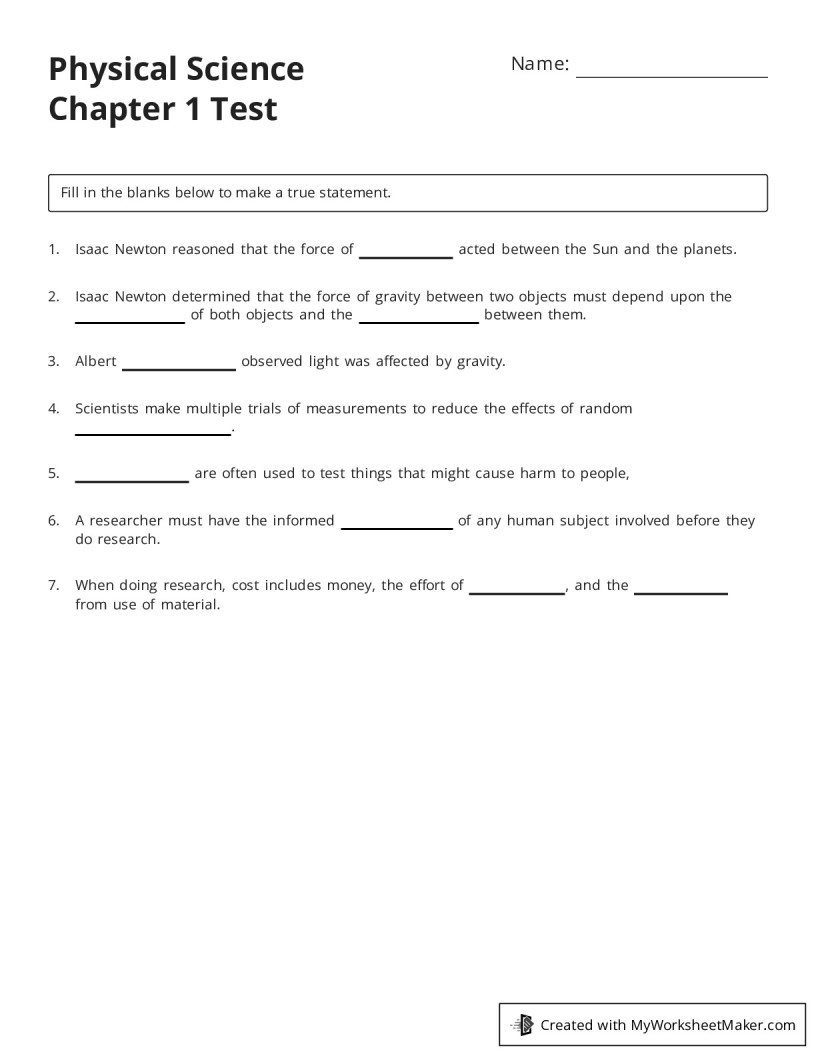 Physical ScienceChapter 1 Test - My Worksheet Maker: Create Your Own ...