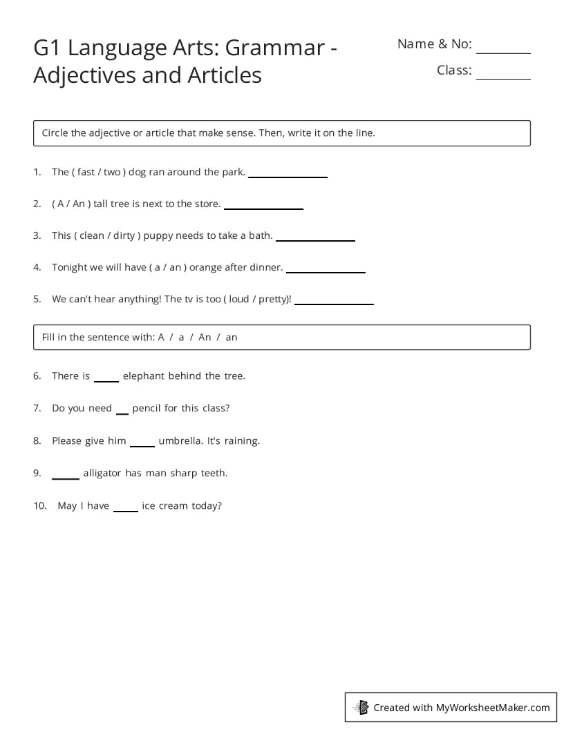 G1 Language Arts: Grammar - Adjectives and Articles - My Worksheet ...