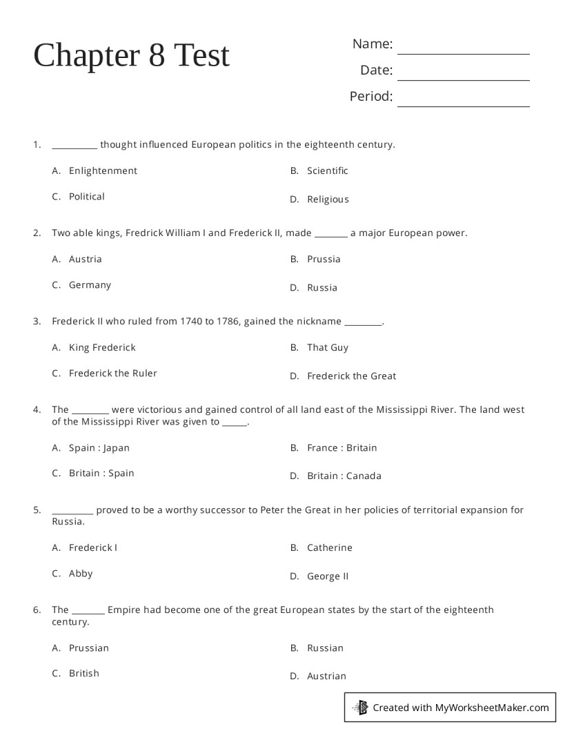 Chapter 8 Test - My Worksheet Maker: Create Your Own Worksheets